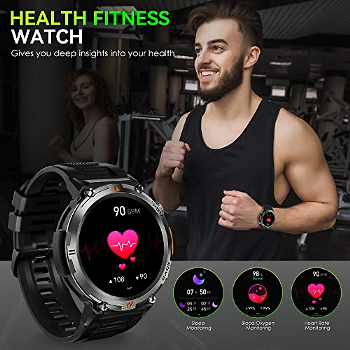 Military Smart Watches for Men (Call Receive/Dial) with LED Flashlight, 1.45" HD Rugged Outdoor Tactical Smartwatch, Fitness Tracker Watch with Heart Rate Sleep Monitor for iPhone Android Phone