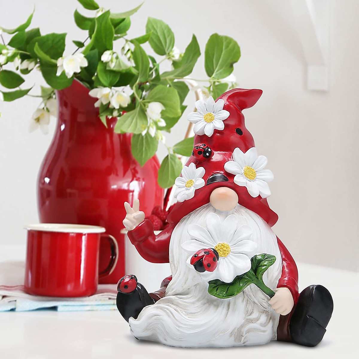 Hodao Ladybug Gnomes 6" H Ladybug Kitchen Tiered Tray Decor Ladybird Gnomes Resin Swedish Tomte Scandinavian Figurine Spring Summer Decorations Indoor Home Decor
