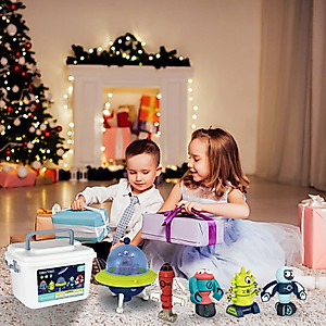 Magnetic Robot Walking Music Space Halloween Toy for Kids,36PCS Stacking Blocks Building Robot Monster and Electronic Moving UFO Toys,Thanksgiving Gift for Boys Girls Children