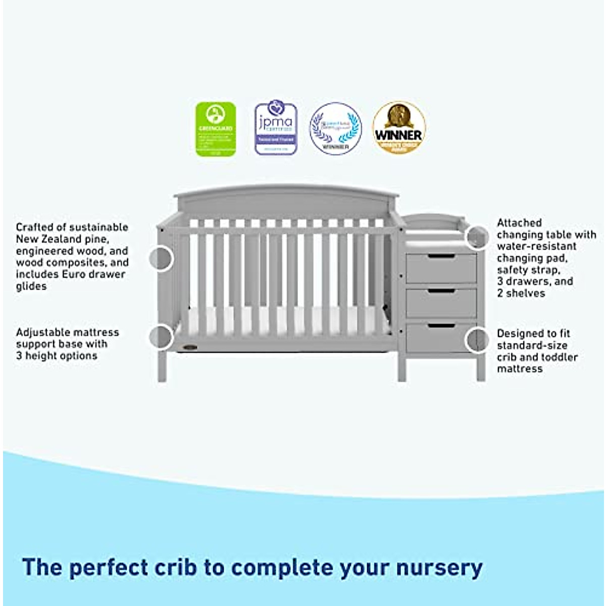 Graco Benton 5-in-1 Convertible Crib and Changer (Pebble Gray) – Crib and Changing Table Combo, Includes Water-Resistant Changing Pad, 3 Drawers, Converts to Toddler Bed, Daybed and Full-Size Bed