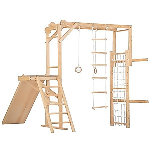 Avenlur Grove 8-in-1 Indoor Jungle Gym with Gymnastic Rings, Climbing Rope, Swing, Slide, Monkey Bars, Rope Wall Net, and Wooden and Rope Ladder - Jungle Play Set for Kids Ages 2-11 Years Old