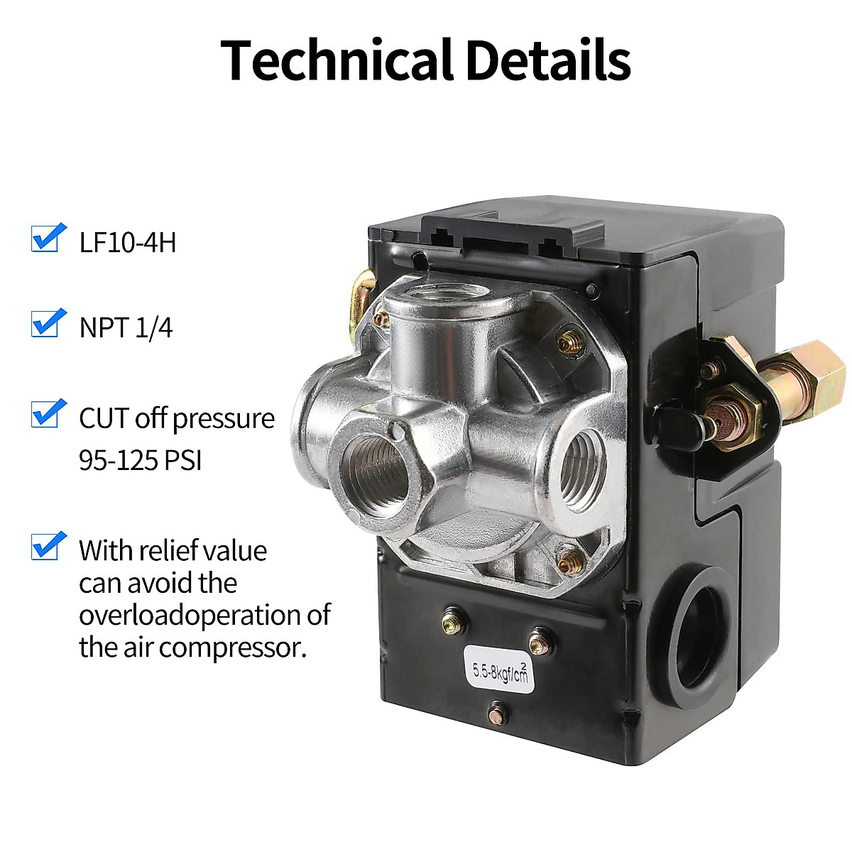 OAMCE Air Compressor Pressure Switch Replacement LF10-4H with 95-125 PSI Range and 20A Rating, 4-Port