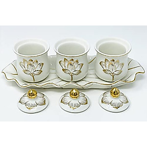 Houlu 3 Altar Cups Set, Ceramic Holy Water Offering Cup, Tibetan Buddhist Worship Cup (White)