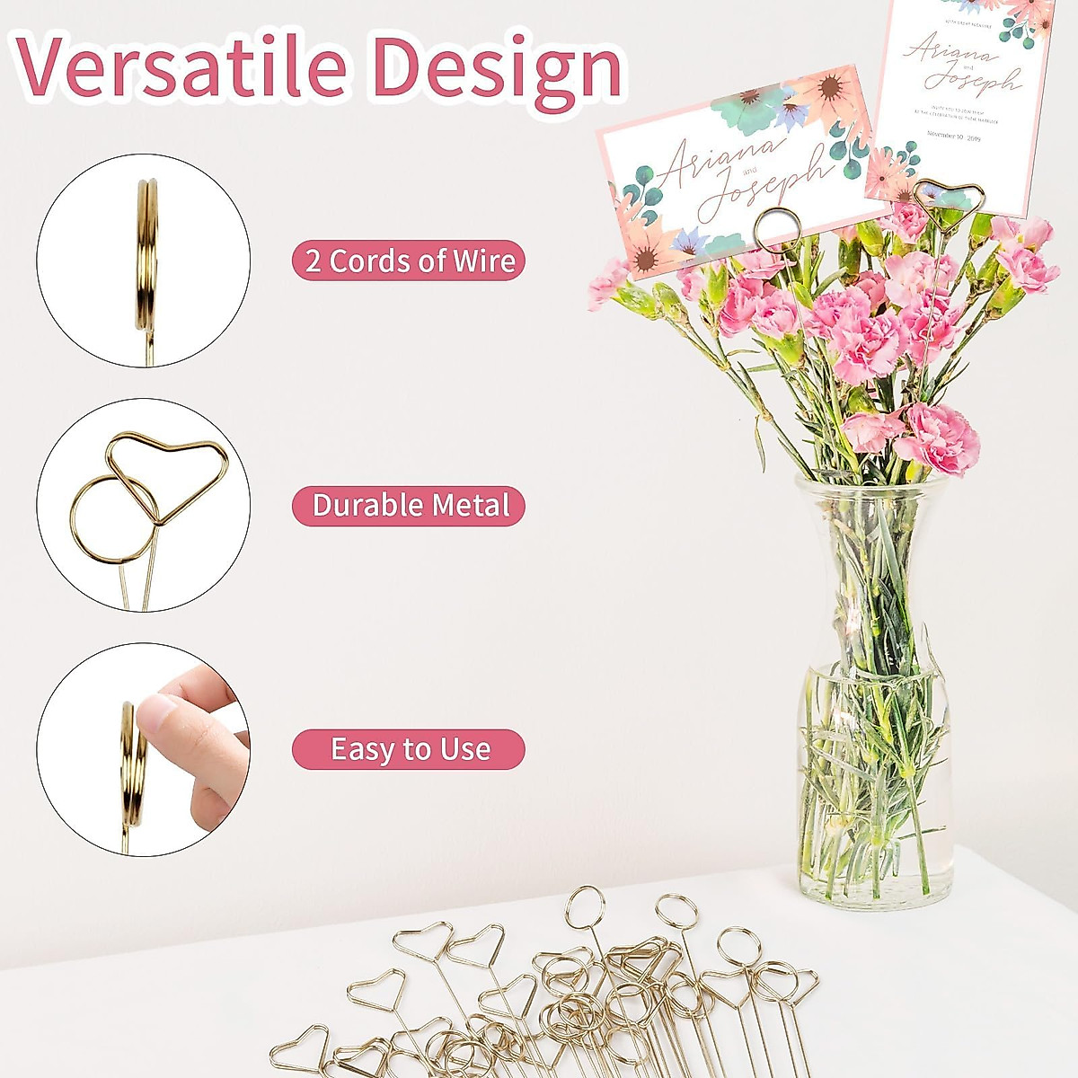 40PCS Floral Card Holder Picks, 11.8 Inch Metal Floral Picks Picture Holders, Gold Round Floral Place Gift Card Holder Card Holder Stick, Gift Card Holder for Bouquets, Wedding, Party