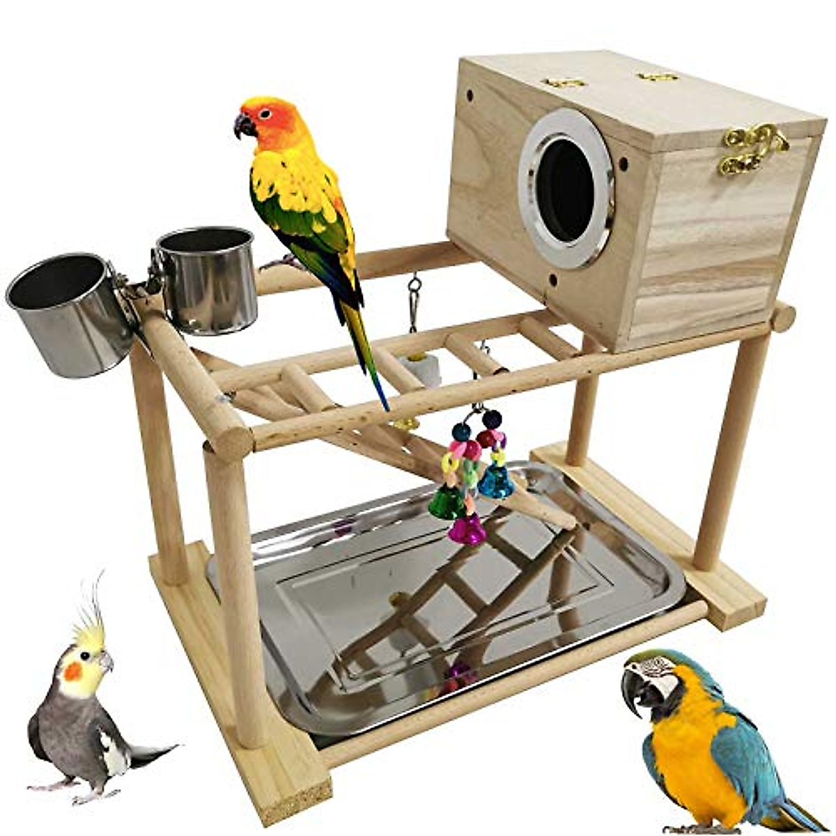 kathson Parrots Playground Bird Playstand Birdcage Play Stand Wood Perch Gym Playpen with Parakeet Nest Box Ladder Feeder Cups Chewing Toys Exercise Activity Center for Conure Cockatiel Lovebirds