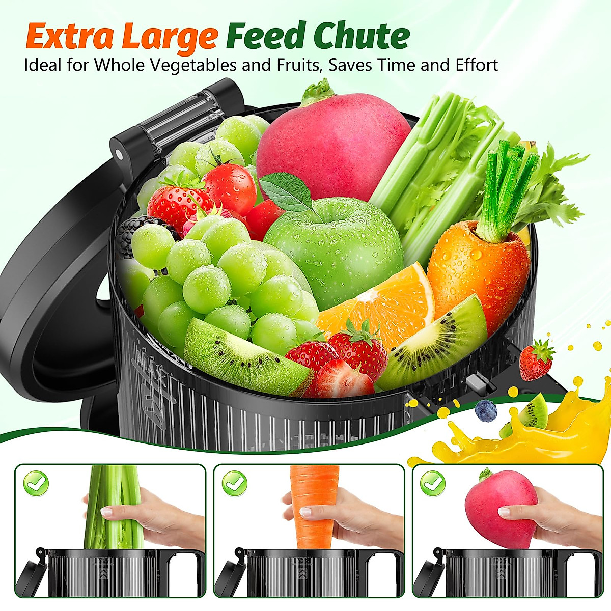 LQZ Cold Press Juicer,Slow Masticating Juicer Machines,350W Juice Extractor Machine,5.3" Large Bore Feed Chute Fit Whole Vegetables and Fruits,Easy to Clean Juicer（Black）