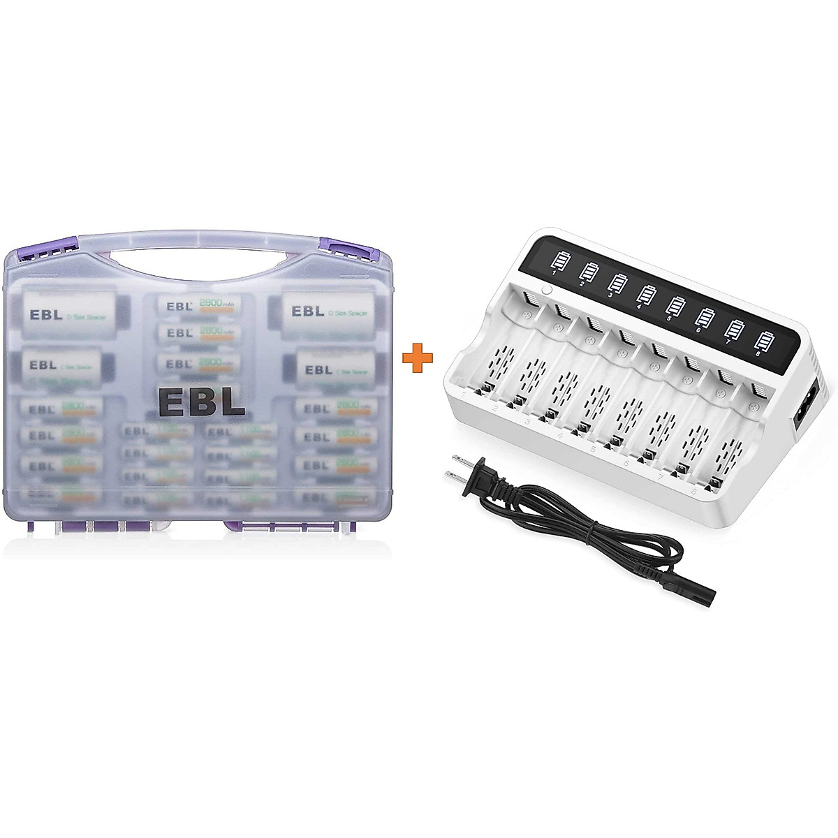 EBL Purple Super Power Battery Box Kit Include : 12 AA Batteries + 8 AAA Batteries +2pcs C/D Adapters + 8 Bay AA AAA Battery Charger with Discharge Function and 2 USB Output Port