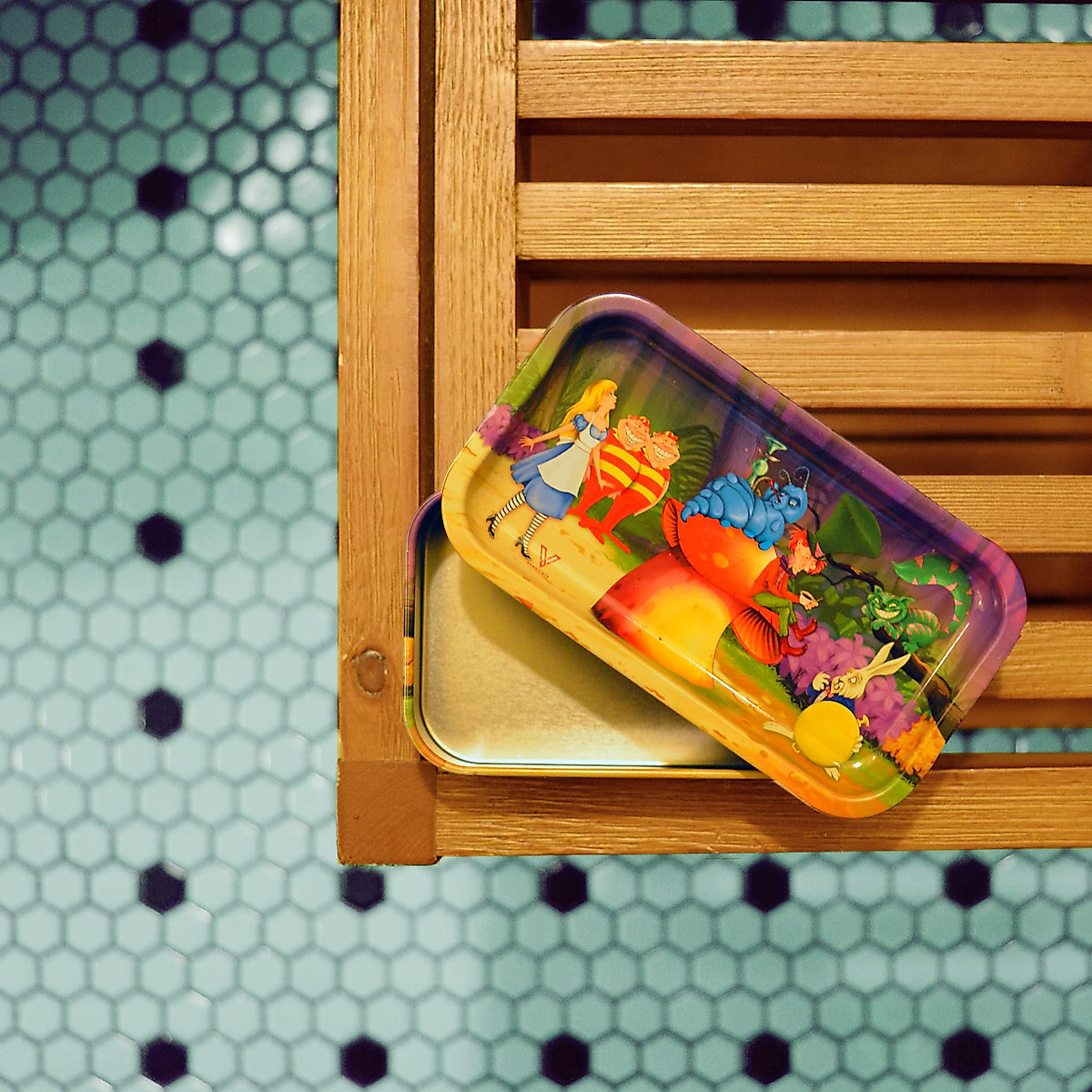 Stylish Metal Tray 7" V. Syndicate, Elegant & Sleek Color Finish with Smooth Rounded Edges, Decorative Tray Beautiful Art Lightweight, Small (Alice Mushroom)