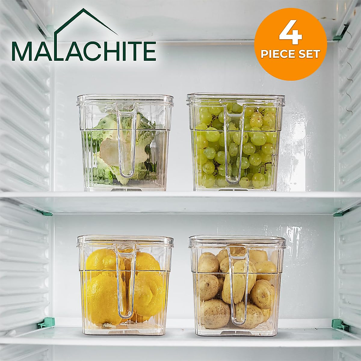 Four Pack Fridge Fruit Storage Container - Set of Four Stackable Refrigerator Organizer Plastic Bins with Lids and Handles, Kitchen Organization for Food, Fruits, Vegetables, Produce. BPA Free