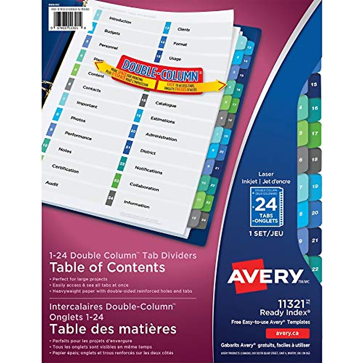 Avery Double Column 24 Tab Dividers for 3 Ring Binders, Customizable Table of Contents, Multicolor Tabs, 1 Set (11321)