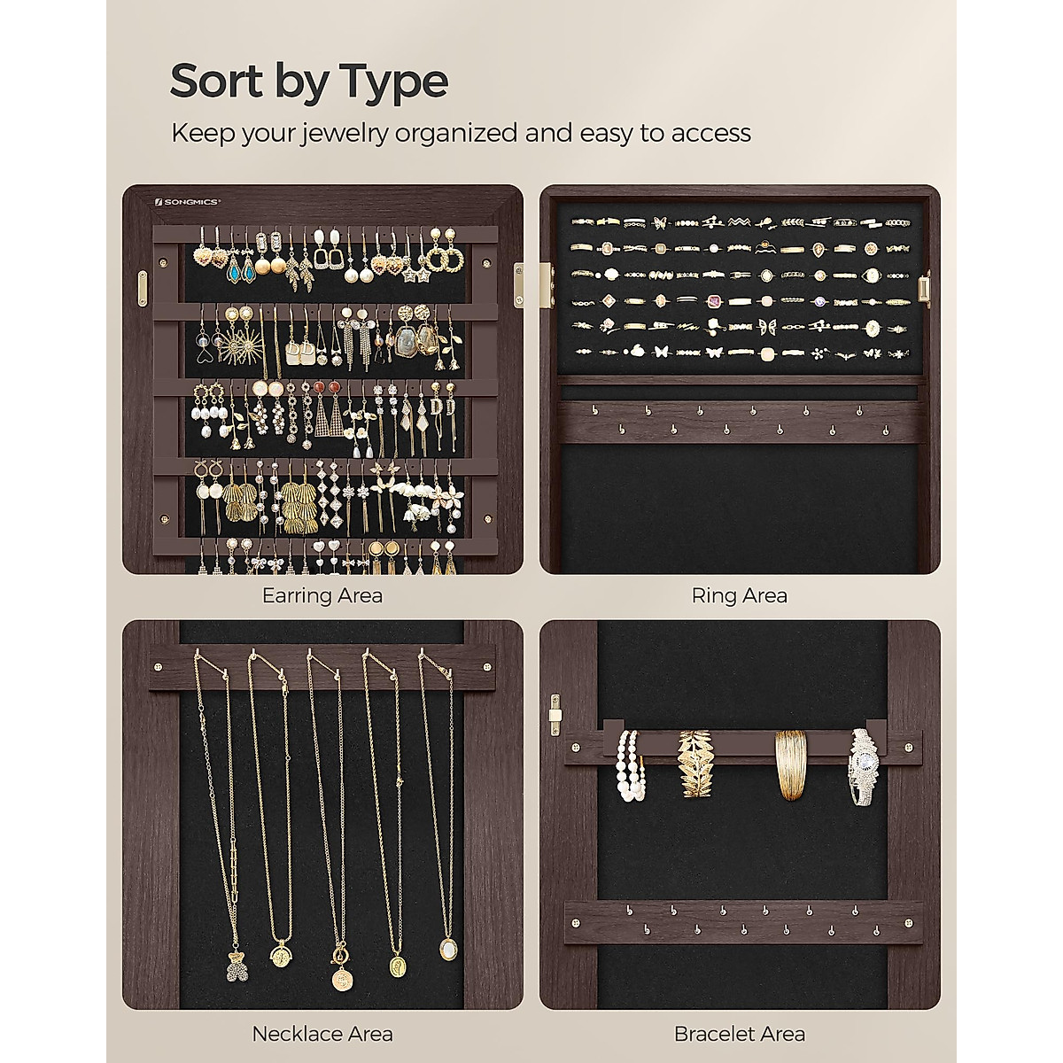 SONGMICS Mirror Jewelry Cabinet Armoire, Standing Full-Length Mirror, Lockable Jewelry Organizer, Gift Idea, Brown Surface and Black Lining UJJC69BR