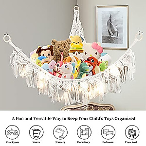 DSVENROLY Stuffed Animal Toy Hammock Macrame, Boho Large Toy Corner Hammock Organizer Display with LED Light, Hanging Stuffed Animal Toy Holder Net Tassel for Playroom Kid's Room Bedroom Nursery