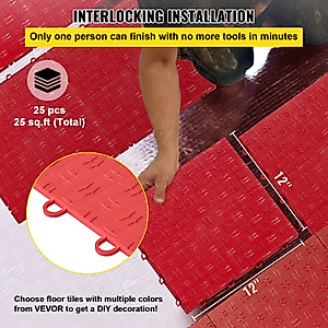 VEVOR Garage Tiles Interlocking, 25 pcs Red 12" x 12" Garage Floor Covering Tiles, Non-Slide Diamond Plate Garage Flooring Tiles Support 55000 lbs for Basement, Gym