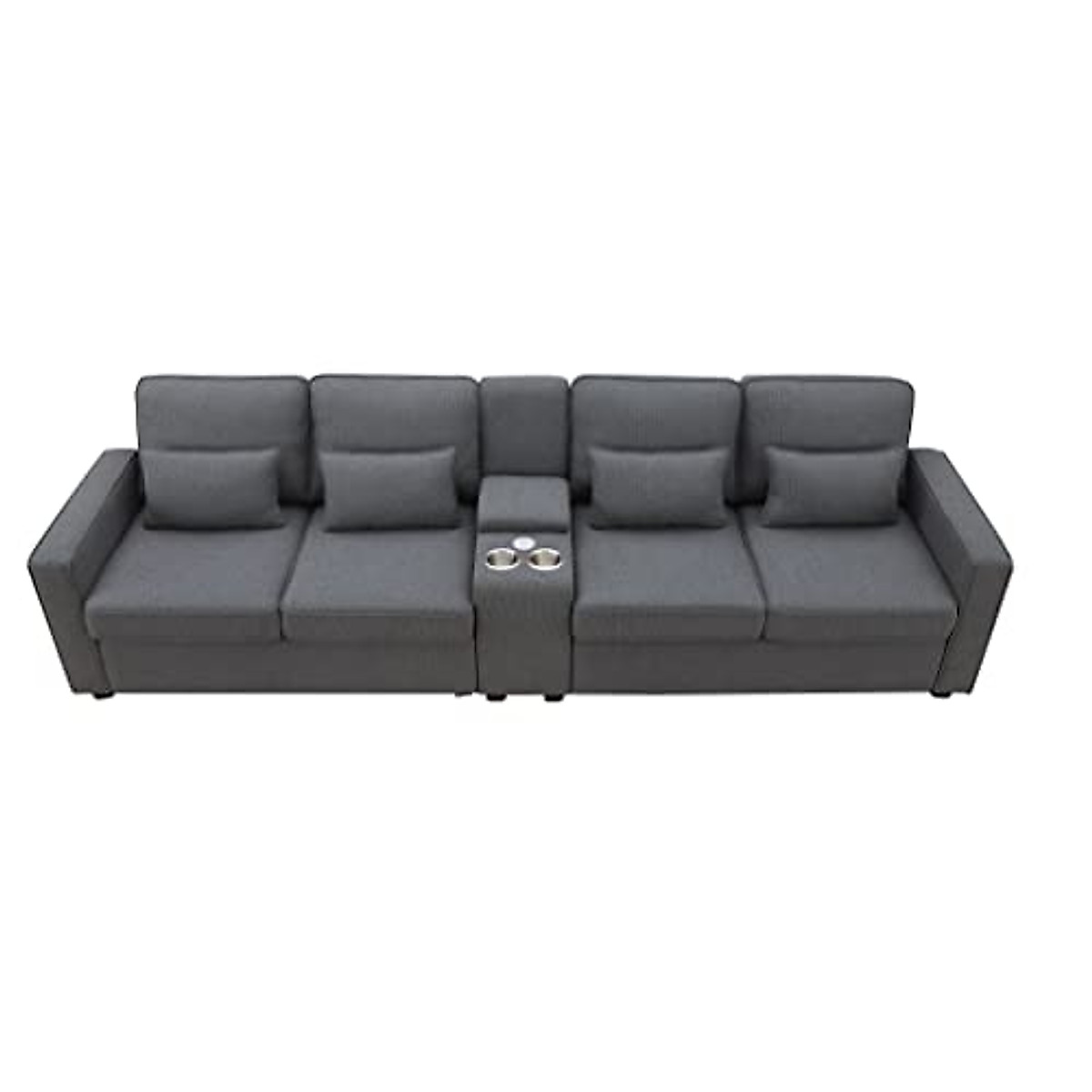 Ball & Cast 114.2" Linen Upholstered Sofa with Consoleand 2 USB Ports Wired or Wirelessly Charged,Modern 4-Seat Couches W/ 4 Pillows and Two Cupholders,for Living Room,Apartment,Dark Grey