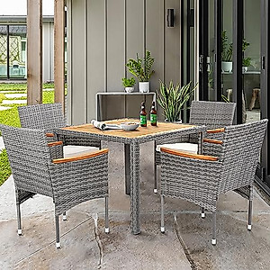 ARTBUSKE 5 Pieces Patio Dining Sets for 4 Outdoor Patio Furniture Sets with Acacia Wood Table Top Wicker Patio Table and Chairs Set for Patio,Yard,Deck,Balcony,Grey
