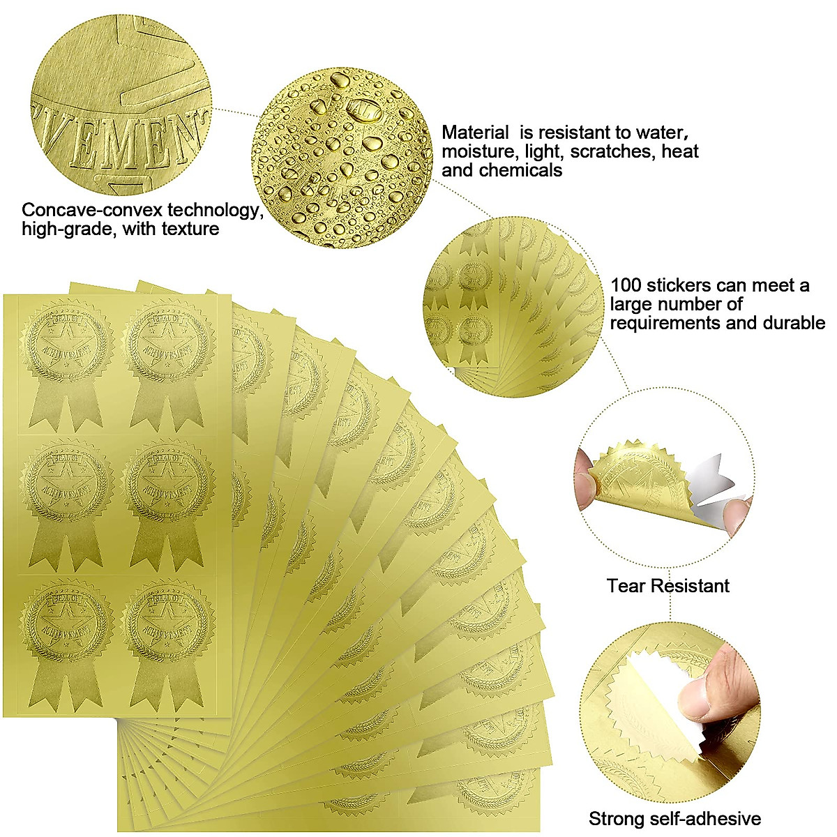 Zonon 200 Pieces Ribbon Embossed Seal and Gold Foil Certificate Seal Embossed of Achievement Ribbon Certificate Seals Stickers Envelope Gold Award Stickers