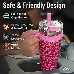 Zukro 40 oz Mug Tumbler With Flip Straw and Handle, Leak Proof Vacuum Insulated Stainless Steel Cup with 2-in-1 Lid Fit in Cup Holder, No Sweat, Keeps Cold for 24 Hours, Rose Cheetah