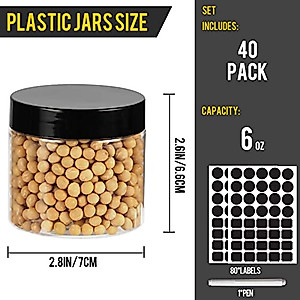 40 Pack Plastic Jars with Black Lids 6 oz,180ml Round Plastic Containers Clear Cosmetic Jars,Refillable Empty Storage Containers for Spices,Cream,Beauty Products,Lotion,Slime Making