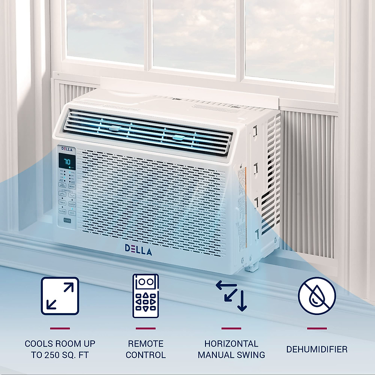 DELLA 6000 BTU 115V/60Hz Energy Saving Window Air Conditioner, Whisper Quiet AC Unit with WIFI Smart Controls, Remote, Dehumidifier, Fan, Cools Up to 250 Sq. Ft.