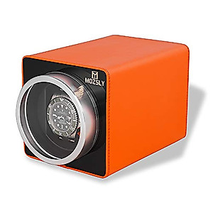 MOZSLY Watch Winder for Automatic Watches with 12 Rotation Mode Setting for Rolex Fit Man Women Automatic Watch Orange Leather