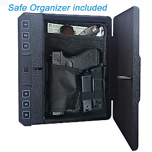 Biometric Gun Safe for Pistols, Wall Mounted Fingerprint Handgun Safe Lock Box for Bedside Car Nightstand Drawer Closet -with Security Cable/Light/Safe Organizer