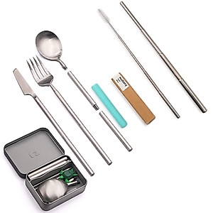 Outlery | Collapsible, Reusable Straw for Travel and Day Trips Stainless Steel Metal Straw with a Telescopic Portable Design BUNDLE WITH Outlery | Camping Utensils Foldable Travel Cutlery (Raw Silver)