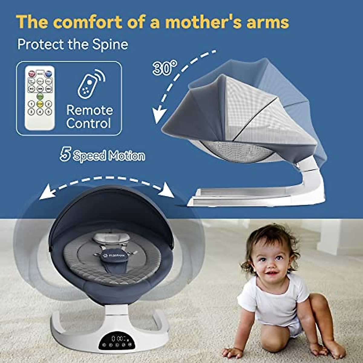 Fijinhom Baby Swing for Infant Newborn Bluetooth 5 Motions Lightweight Electronic Bouncer Portable with Remote Control