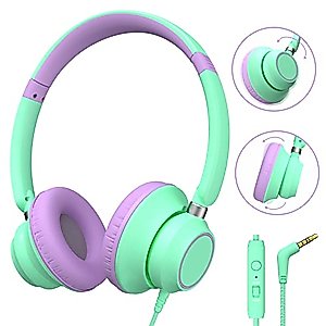 Cowyawn Toddler Headphones Ultra Light Comfort Kids Headphones, Rotatable Wired Headphones with Microphone for Toddlers Kids for School Travel Airplane, 85dB/94dB Volume Limit 3.5mm Jack, Green/Purple
