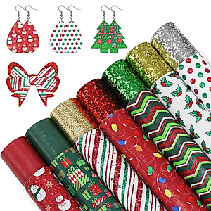 Whaline 14Pcs Christmas Faux Leather Sheet Red Green Gold Silver Synthetic Leather Christmas Theme Pattern Glitter Fabric Crafts for Earring Hair Bow Holiday Craft Gift DIY, 8.3 x 6.3 Inch