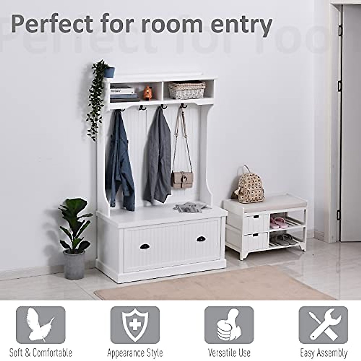 HOMCOM Hall Tree for Entryway, Coat Rack Shoe Bench with Bottom Storage, 4 Metal Double Hooks and 2 Shelves for Hallway, Living Room, White