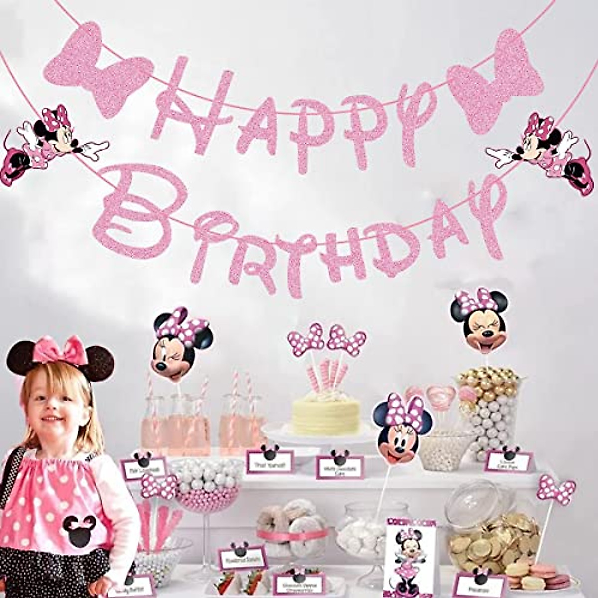 GOGOPARTY Pink Mouse Happy Birthday Banner, Mouse Decoration Pink Themed Birthday Banner For Girl Kids Birthday Party Baby Shower Decorations