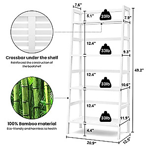 Homykic Ladder White Bookshelf, 4-Tier Bamboo Ladder Shelf 49.2” Book Shelf Bookcase Floor Freestanding Bathroom Storage Rack Plant Stand for Small Space, Bedroom, Living Room, Easy to Assemble