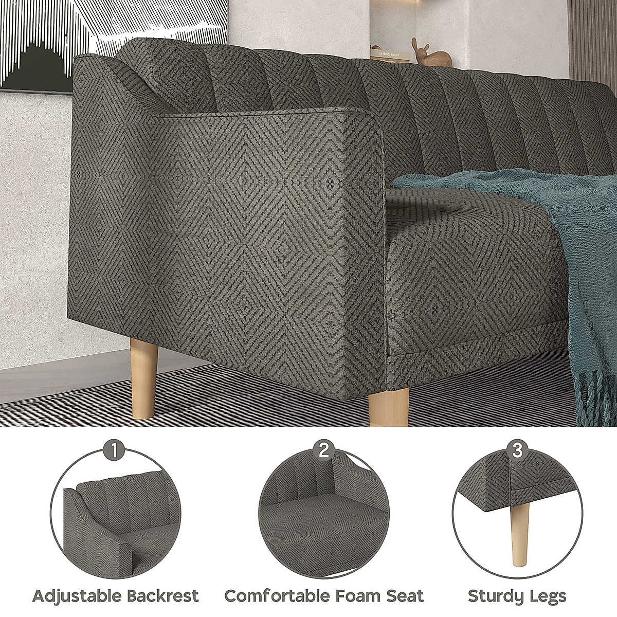Velvet Futon Sofa Bed Couch, 74" Grey Convertible Sleeper Sofa, Loveseat Futon Couch with Adjustable Backrests, Couches for Living Room Bedroom Apartment
