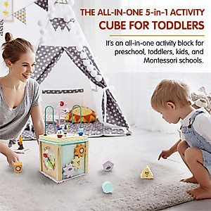 Leo & Friends Alice Activity Cube - Wooden Activity Cube for Babies - Preschool Shape Sorter and Maze Toy for Toddler - Educational Montessori Toy for Boys and Girls of Ages 18month+