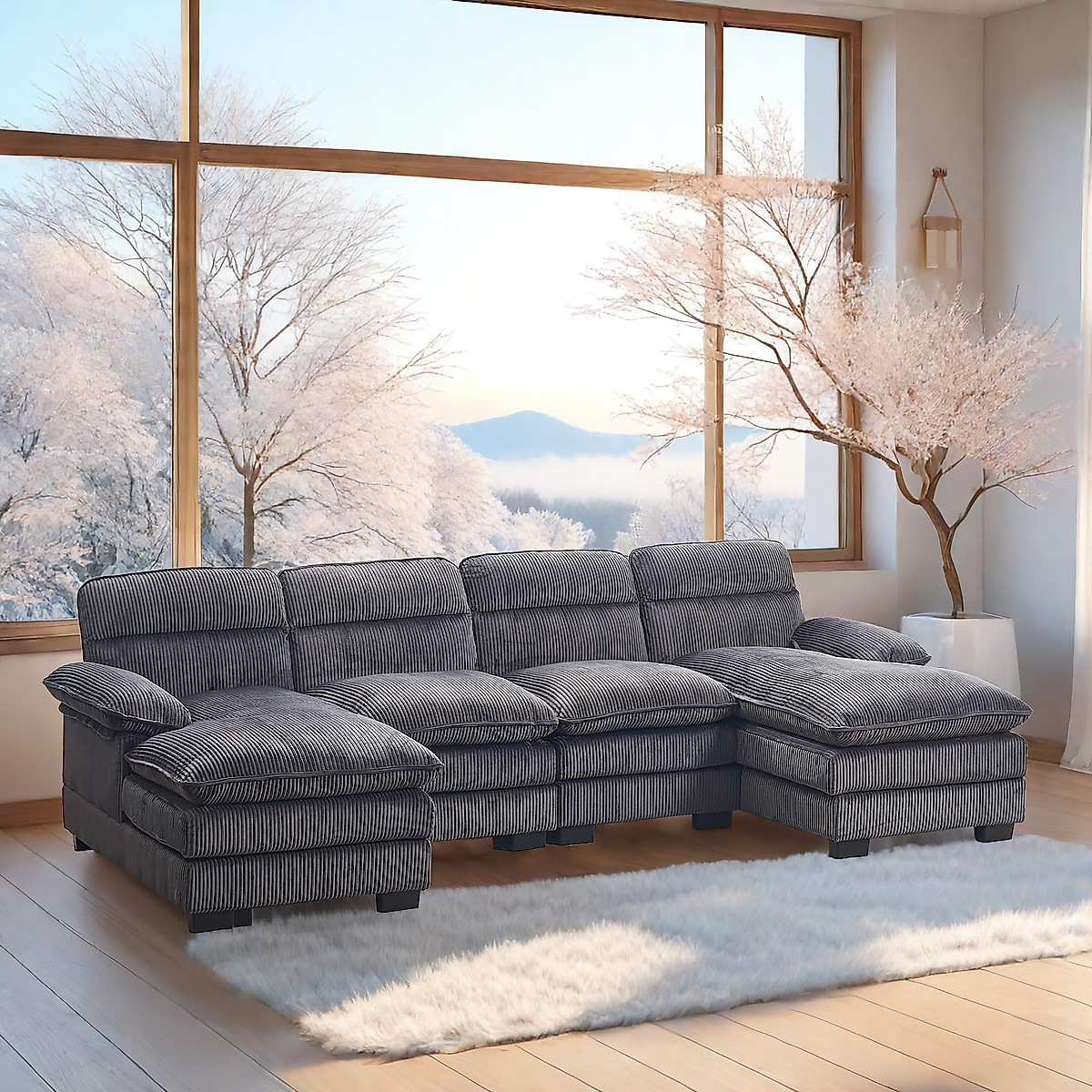 ZX Design 111" Sectional Sofa, Comfortable Cloud Couch for Living Room，U Shape Couch, Modern Dual Recliner Combo Sofa Sleeper with Soft Armrests & Memory Foam for Living Room (Corduroy Gray)
