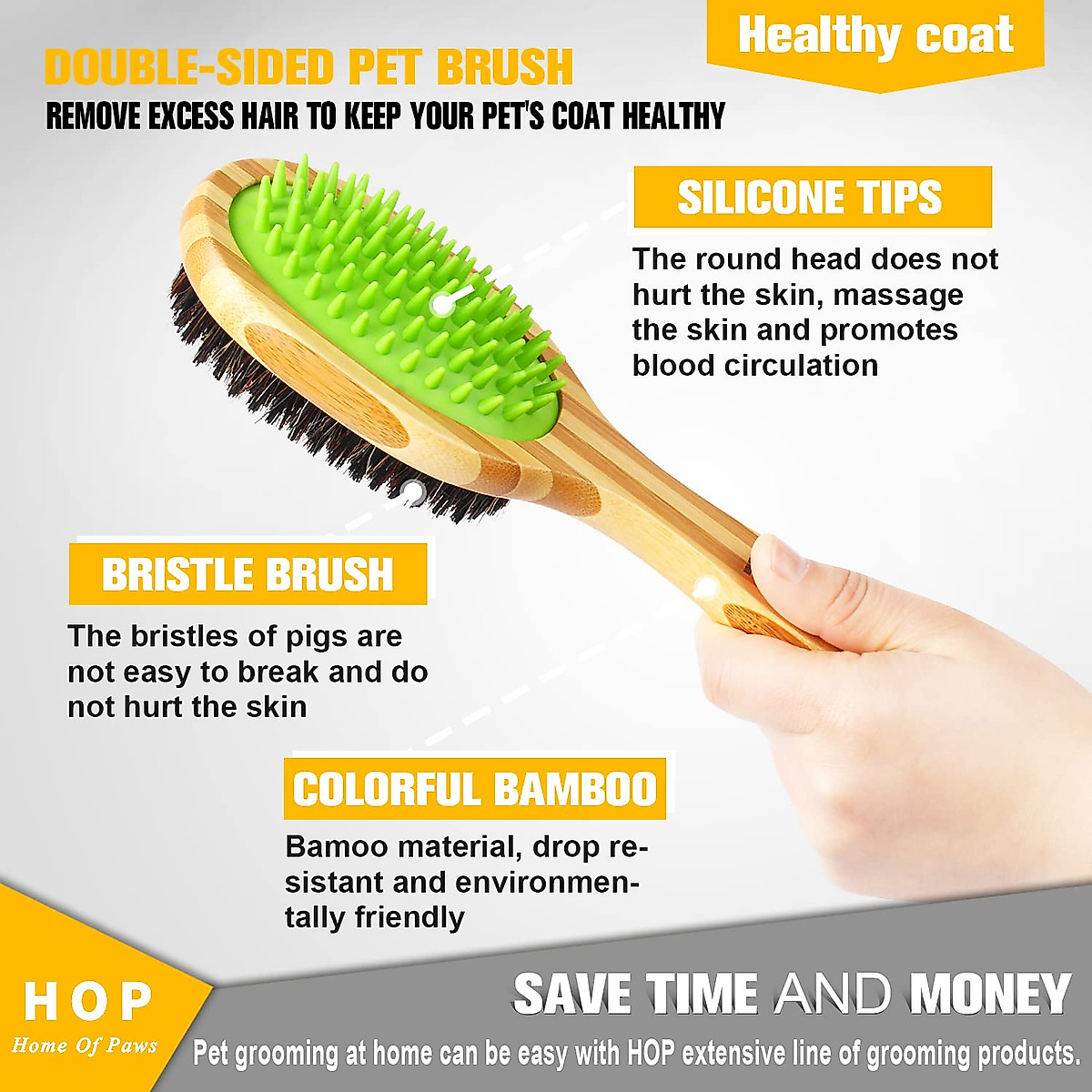 HOP Short Hair Dog Brush Pet Brushing Grooming Comb for Short Hair Coats Detangling and Shedding Coat Hair Remover Two Sided Removing Dirt & Loose Hair for Dogs Home of Paws