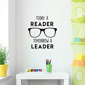 Vinyl Wall Art Decal - Today A Reader, Tomorrow A Leader - 25" x 22" - Trendy Motivational Optimistic Glasses Design Quote Sticker for Books Lovers Library Classroom Playroom Kids Room Decor (Black)