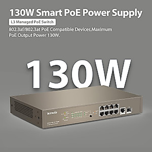 Tenda TEG5310P, Layer-3 Gigabit Managed PoE Switch, Enterprise 10 Port PoE Switch with 8 x PoE+ @ 150W, 1 x GE Port & 1 x SFP Port, Smart PoE Power Supply, Flexible QoS/ IGMP/ ACL/ ARP/ DHCP Snooping