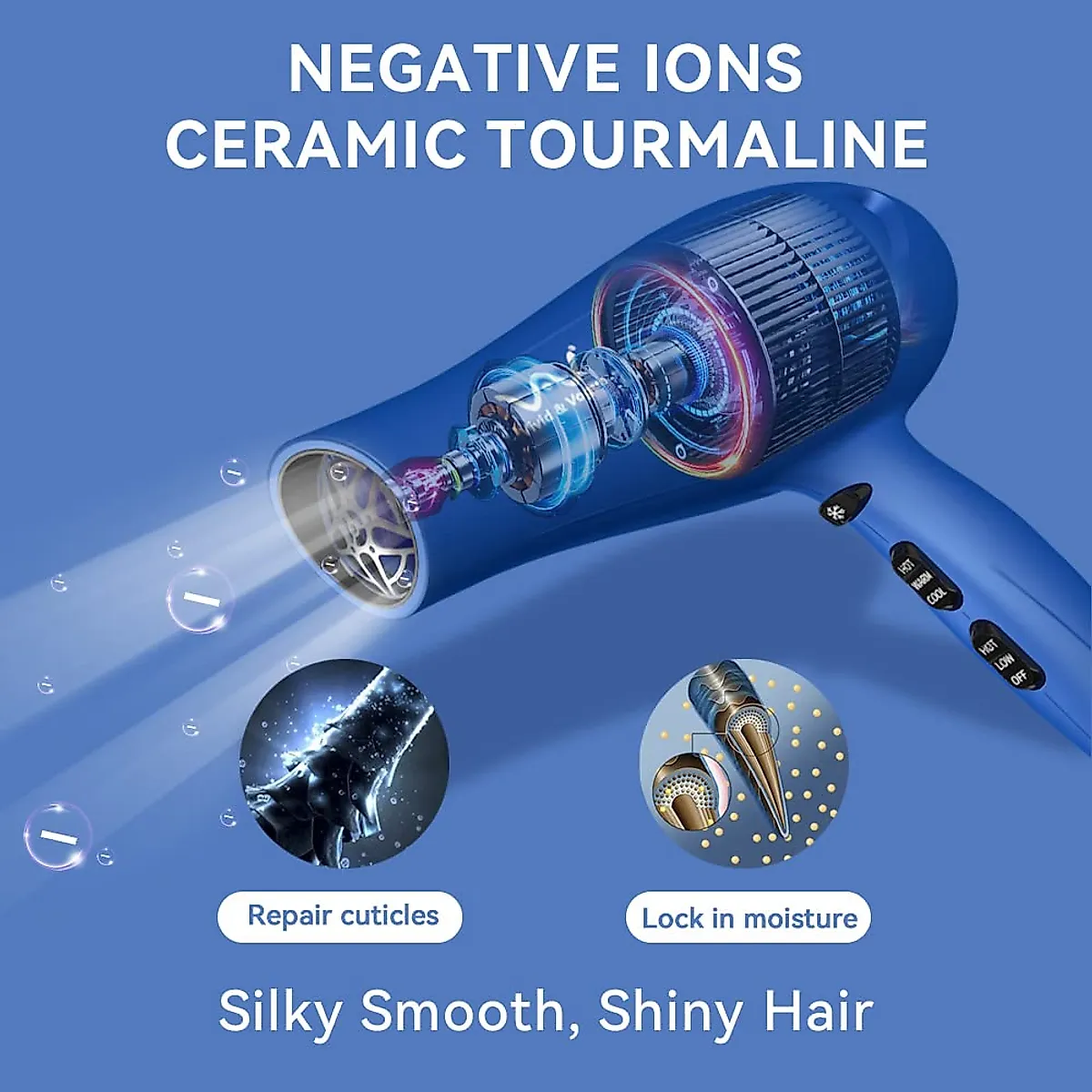 Negative Ionic Hair Dryer Ceramic Blow Dryer 1875W Powerful Professional Hair Dryers 2 Speed and 3 Heat Settings with Concentrator, Blue