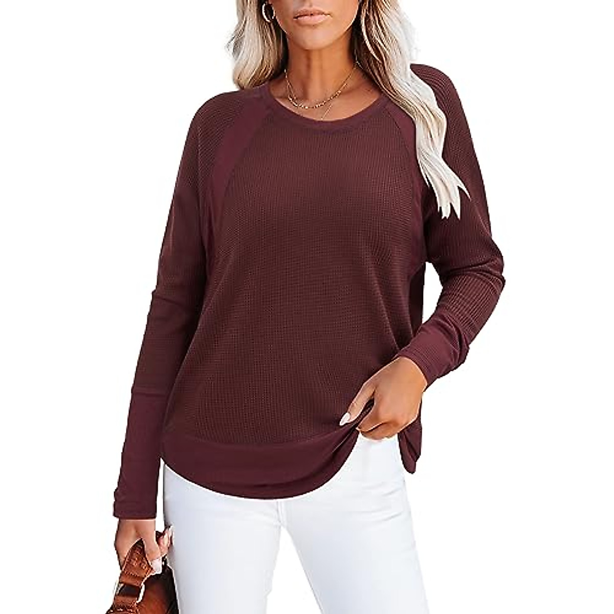 SOLERSUN Womens Waffle Knit Tops Long Sleeve Crewneck Casual Loose Blouses Lightweight Pullover Jumper 2023 Fall Jujube red M