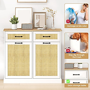 Double Tilt Out Kitchen Trash Cabinet,Freestanding Trash Cabinet with Countertop and Drawer,Wooden Pet Proof Recycling Cabinet, Hideaway Trash Holder for Home Kitchen Bathroom Living Room Single
