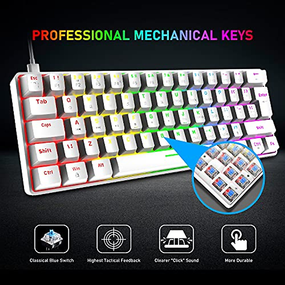 60% True Mechanical Gaming Keyboard Ultra-compact with 20 Rainbow Backlit Type C Wired Programmable 62 Keys Tactile Blue Switch Waterproof Non-Conflict and Gaming Mouse Pad for PC/Laptop/PS5（White)