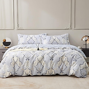 SAPHREAS Home Grey Bohemian Duvet Cover Set Queen Size 100% Cotton 3pcs Exotic Style Retro Comforter Cover Soft&Breathable 1 Duvet Cover 2 Pillowshams