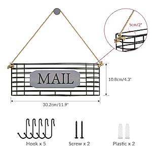 SRIWATANA Mail Key Holder for Wall, Rustic Mail Organizer Wall Mount with 5 Key Hooks, Large, Weathered Grey