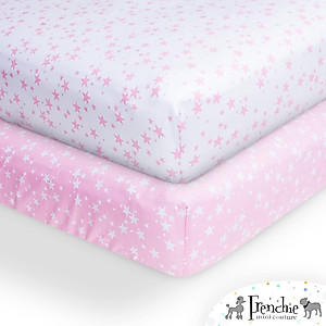 Frenchie Mini Couture Fitted Crib Sheets 100% Woven Cotton Fits Toddler Mattress, Pink Stars, 70 x 140 x 20cm, 2-Pack