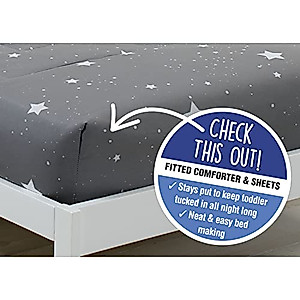 Delta Children 4 Piece Toddler Bedding Set for Boys - Reversible 2-in-1 Comforter - Includes Fitted Comforter to Keep Little Ones Snug, Bottom Sheet, Top Sheet, Pillow Case - Dusty Skies, Grey Stars