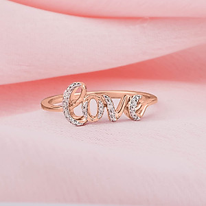 Diamond Accent Love Ring for Women in 18k 1-micron Yellow Gold-Plate, 18k 1-micron Rose Gold-Plate or 925 Sterling Silver, Women's Love Cursive Script Ring with Round Diamond Accent