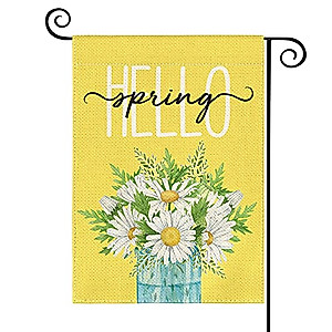 AVOIN colorlife Hello Spring Daisy Garden Flag 12x18 Inch Double Sided Outside, Floral Mason Jar Seasonal Yard Outdoor Flag