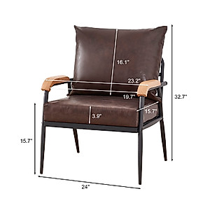 CLIPOP Mid Century Modern Accent Chair, Single Sofa with Removable Backrest and Cushion, Upholstered Faux Leather Armchair with Solid Wood Armrest Metal Frame Easy-Assembly, 24" W, Dark Brwon