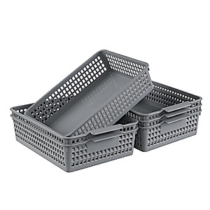 Knifefish 6 Packs Plastic Storage Baskets, Paper Organizer Baskets , Shallow Storage Basket Trays, Grey